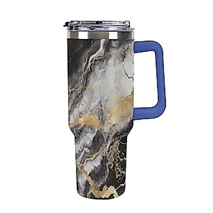 40 Oz Vacuum Tumbler with Deep Blue Handle Leakproof Insulated Tumbler Black White Gold Foil Marble Stainless Steel Travel Mug with Lid And Straw Coffee Cup Cute Water Bottles Cup Holder Friendly