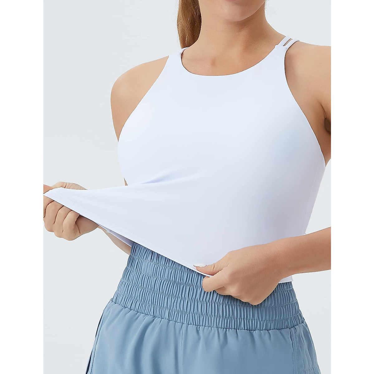 THE GYM PEOPLE Women's Cross Back Sports Bra Halter Neck Workout Crop Tank Tops with Removable Pads White