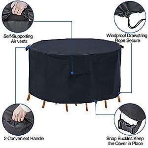 PATIOPTION Round Patio Table Covers, Patio Furniture Set Covers 600D 62'' Outdoor Furniture Covers Waterproof Garden Table Chairs Set Covers Heavy Duty Cover UV Resistant Dustproof Anti-Fading Cover