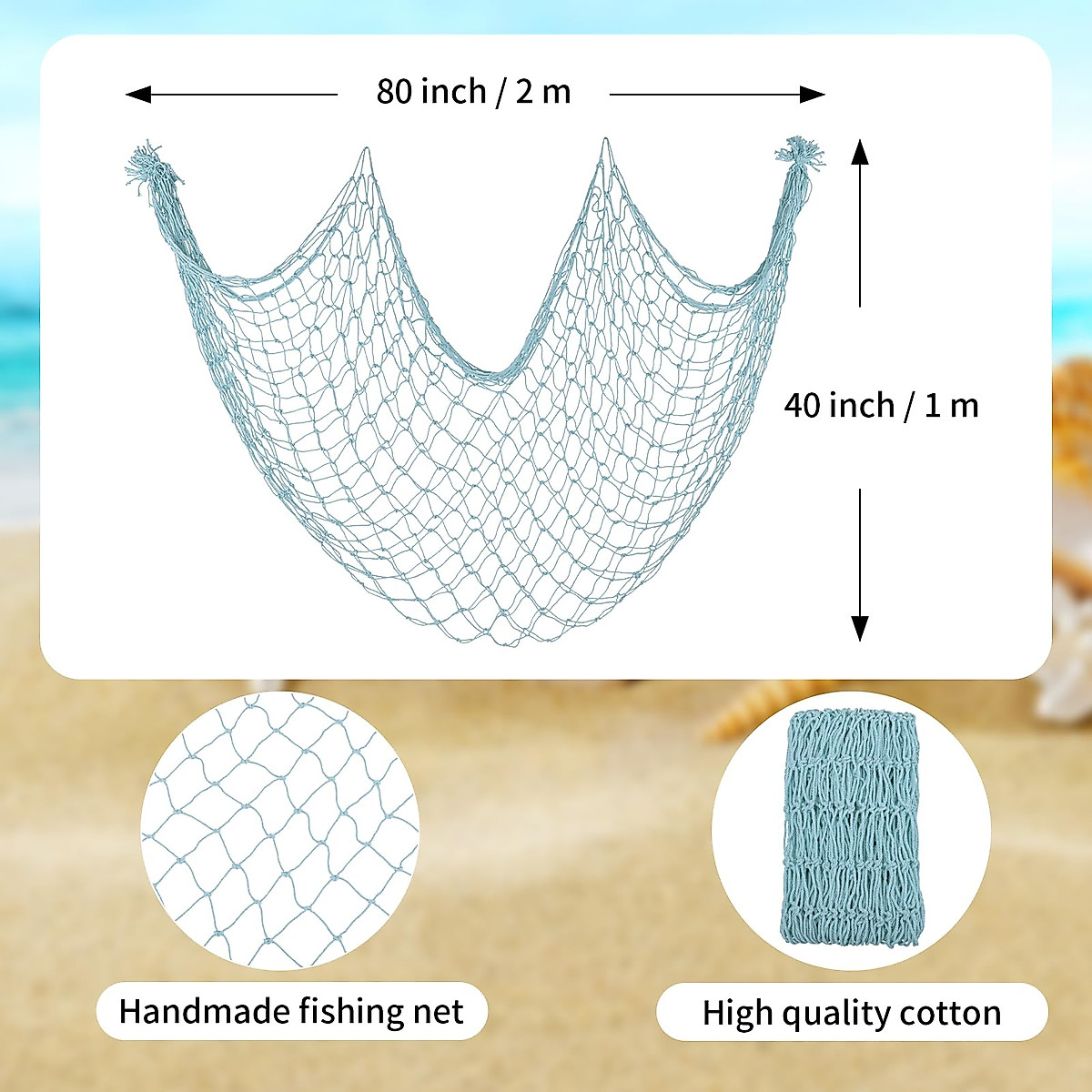 Decorative Fishing Net Light Blue 80x40 Inch,YuanDe 2 Pack Large Picture Fish Net,Wall Photo Hanging Fishnet for Nautical Mermaid Pirate Ocean Theme Hawaii Beach Under The Sea Party Decoration