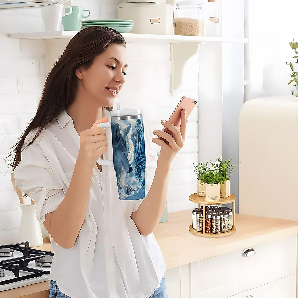 ODAWA Wolf Dragon White Tumbler Cup Reusable Tumbler with Straw Ice Coffee Cups