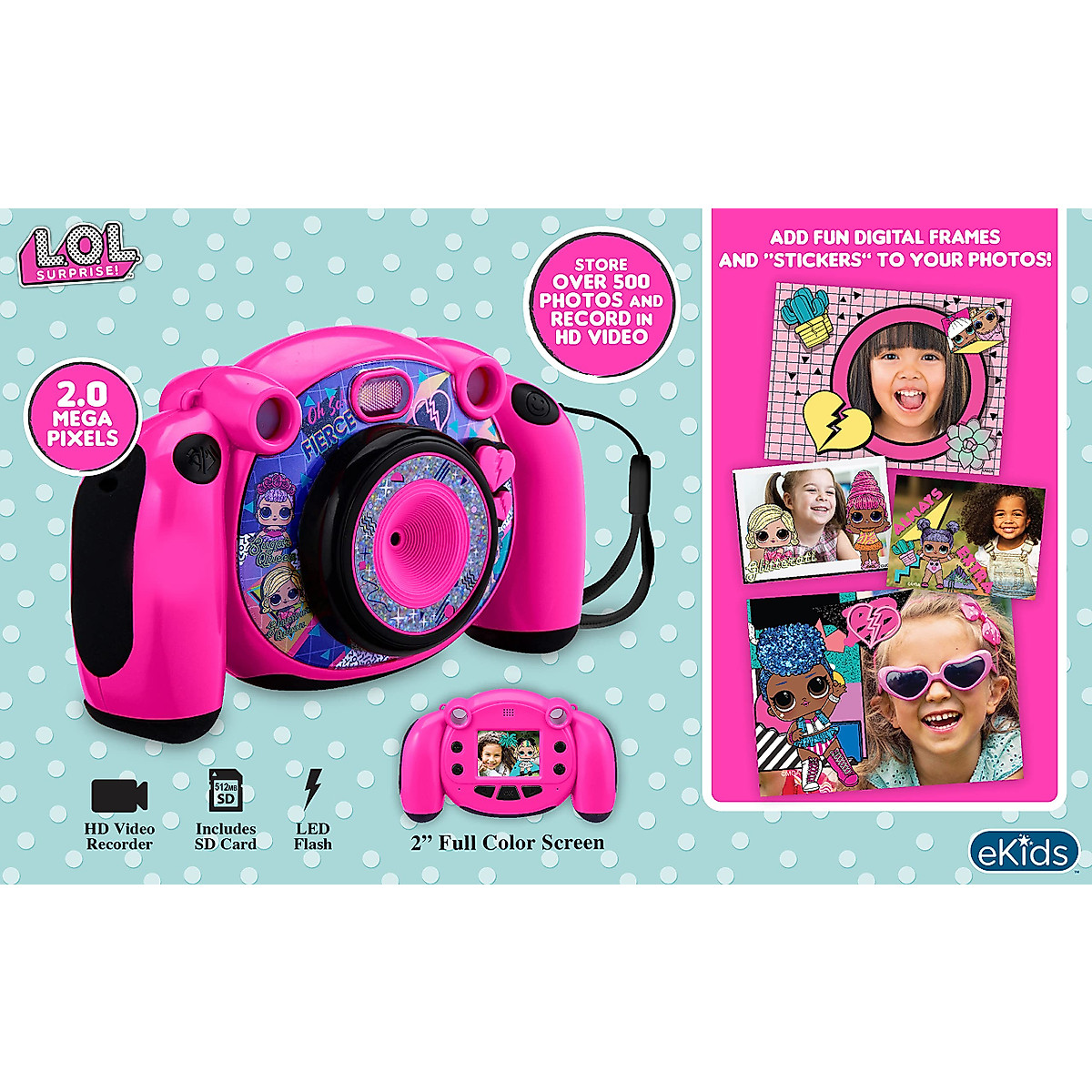 ekids LOL Surprise Kids Camera with SD Card, Digital Camera for Kids with HD Video Camera, Built-in Digital Stickers for Fans of LOL Toys for Girls Pink