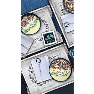 Booleaf Serving Tray, Authentic Paulownia Wood, Sturdy Black Metal Handles - Tribal Design