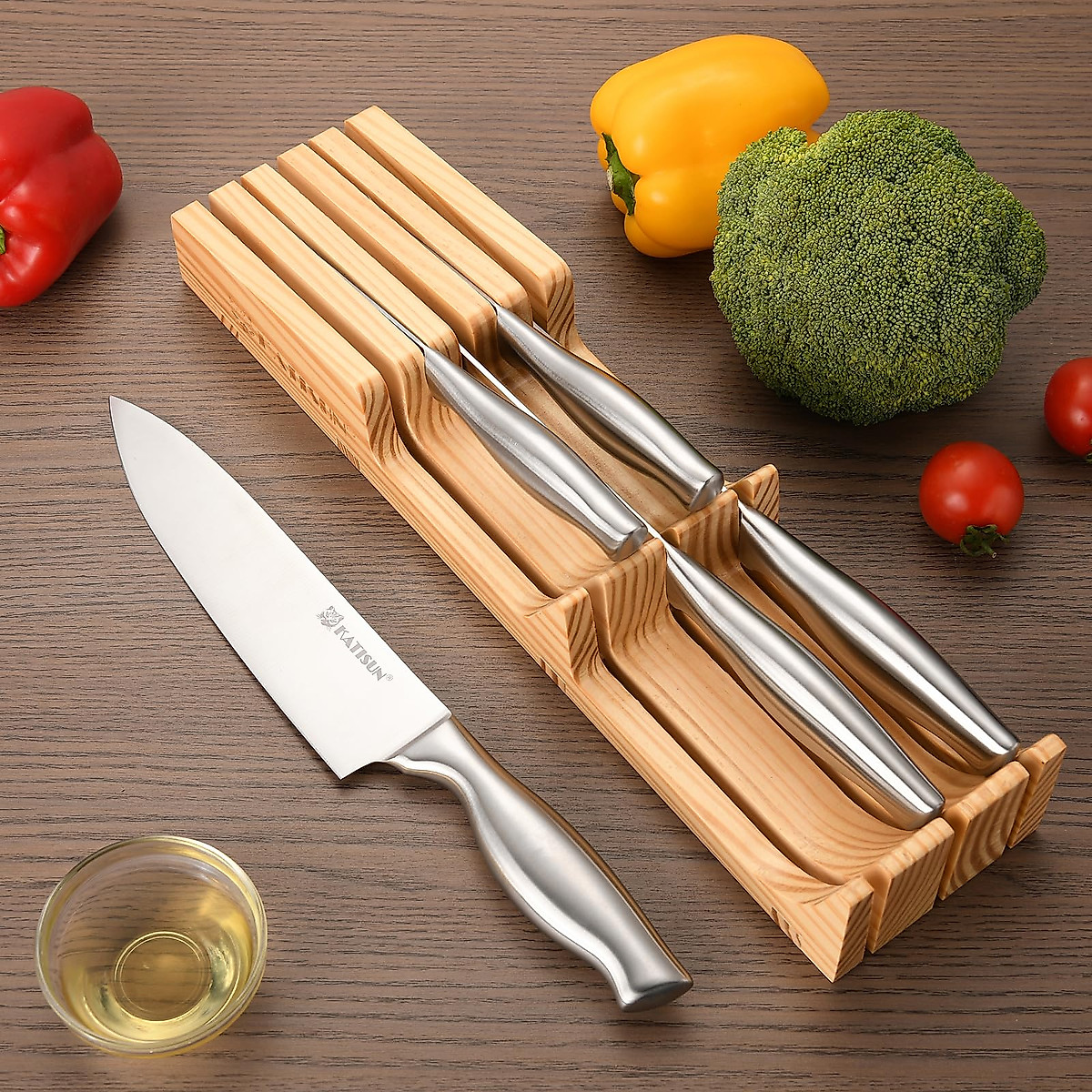 KATISUN Kitchen Knife Set, 6 Pieces Knife Block Sets with Pine Knives Drawer Organizer, Perfect for Home and Chefs, Premium Knife Holder, Gift for Holiday and Housewarming