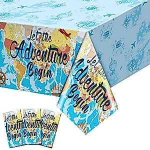 Frienda 3 Pcs Adventure Awaits Tablecloth Bon Voyage World Map Tablecloth Plastic Adventure Disposable Table Cover for Travel Retirement Wedding Graduation, 108 x 54 Inches, Blue