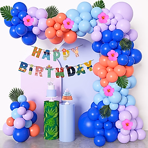 131Pcs Stich Balloons Birthday Party Decorations Garland Arch Kit, Blue Purple Balloon Happy Birthday Banner Palm Leaves Flower for Kids Stich Birthday Baby Shower Hawaii Tropical Party Supplies