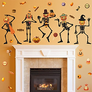 Halloween Skeleton Wall Decal Halloween Wall Stickers Pumpkin Candy Wall Decals Vinyl Halloween Window Clings Peel and Stick for Kids Room Window Halloween Party Decor