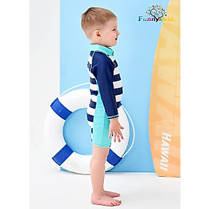 Funnycokid Baby Boys Swimsuit 12-18 Months Toddler Rash Guard One Piece UPF 50+ Swimwear Green Striped Long Sleeve Swim Shirt