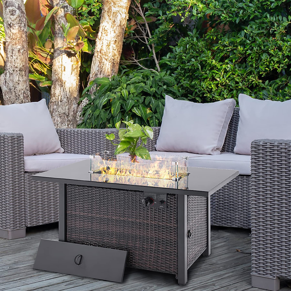 43 Inch Propane Fire Pit Table, 50,000 BTU Auto-Ignition Rattan Gas Fire Pit Table with Glass Wind Guard, CSA Approved for Outdoor Garden, Patio, Deck Poolside.