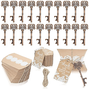100 Sets Key Bottle Openers Wedding Favors for Guests Vintage Key Bottle Openers Bulk Rustic Wedding Favors Souvenir Gift with Thank You Tag and Jute Rope Lace Candy Box for Wedding Party Favors