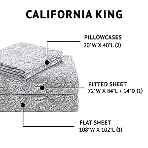 Comfort Spaces 100% Cotton Sheet Set Breathable, Lightweight, Soft with 14" Elastic Pocket Fits up to 16" Mattress, All Season Cozy Bedding, Matching Pillow Case, Cal King Paisley Multi 4 Piece