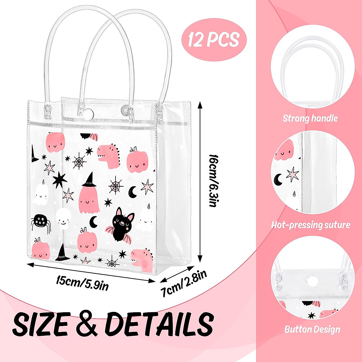 JarThenaAMCS Halloween Clear PVC Gift Bags Cute Pink Ghost Pumpkin Bats Party Favor Bags with Handles Cartoon Treat Tote Bags for Halloween Birthday Party Supplies, 12Pcs