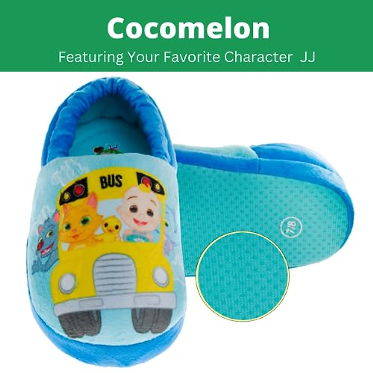 Josmo Cocomelon Toddler slippers - house shoes for boys girls warm plush bed moccasins slippers cocomelon shoes Blue (11-12 Little Kid)