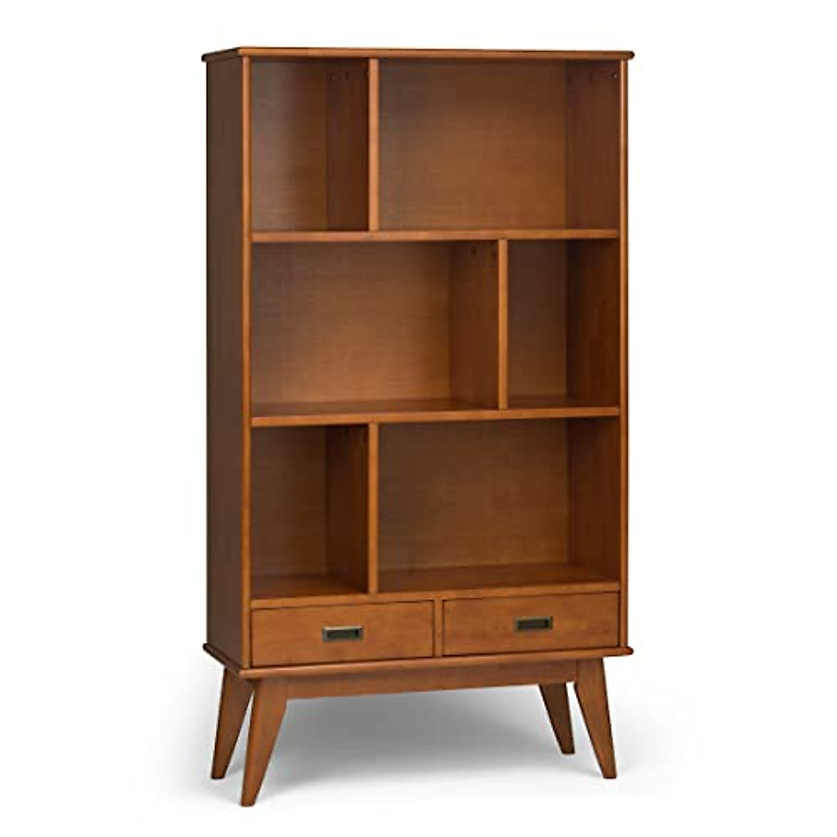 SIMPLIHOME Draper Solid Hardwood 35 Inch Mid Century Modern Wide Bookcase and Storage Unit in Teak Brown & Draper Solid Hardwood 22 inch Wide Rectangle End Side Table in Teak Brown