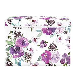 Kigai Storage Basket Watercolor Purple Flowers Storage Boxes with Lids and Handle, Large Storage Cube Bin Collapsible for Shelves Closet Bedroom Living Room, 16.5x12.6x11.8 In