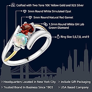 Gem Stone King 925 Sterling Silver and 10K Yellow Gold Red Garnet White Simulated Opal and Lab Grown Diamond 2 Stone Crossover Ring (1.52 Cttw, Available in size 5, 6, 7, 8, 9)