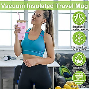 Glass Tumbler Cup with Silicone Sleeve, 32oz Water Bottle Tumbler w/ Bamboo Lid and Straw- Easy to Grip, Leakproof Glass Tumbler Mug Drinking Glass Cups, Dishwasher Safe for Travel Home Coffee (Pink)