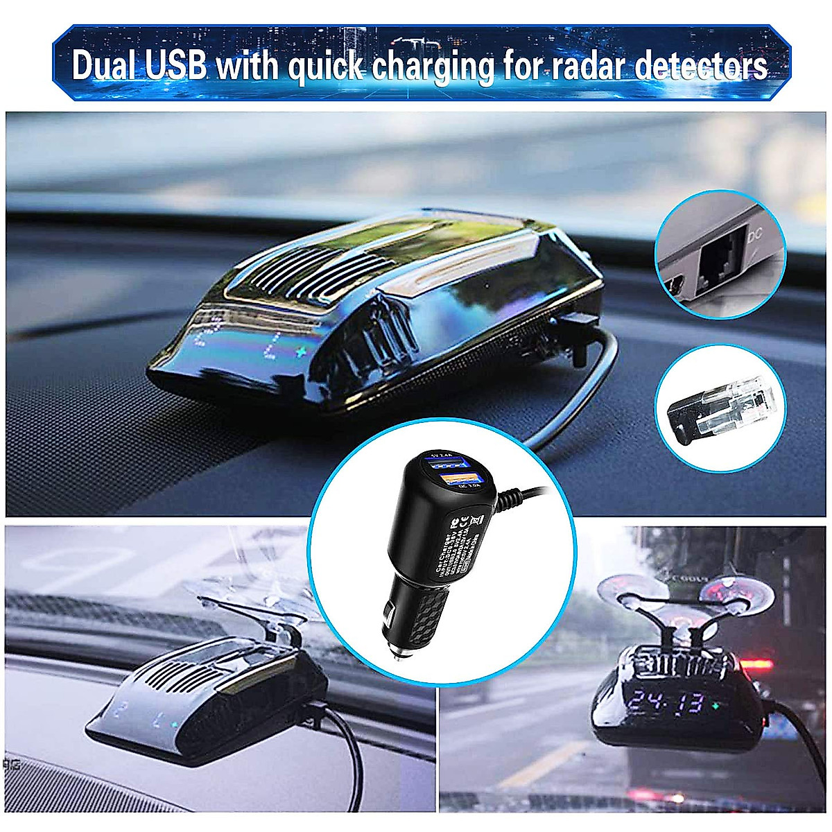 Radar Detector Power Cord,for Unide n Escor t Valentine Beltronics Passport Cobr a etc Radar Detector,with Dual USB QC3.0 Quick Charger(6.5ft) (RJ11QC3.0)