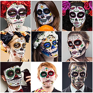 Day of the Dead Face Skeleton Tattoos/Dia De Los Muertos, Halloween Temporary Sugar Skull Costume Makeup Tattoos for Women/Men/Adults, 10 Sheets Floral Rose Party Costume Stickers Decor Match Catrina