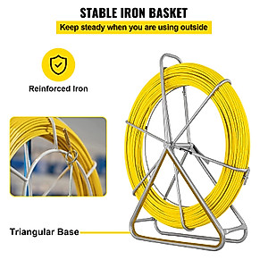 VEVOR Fish Tape Fiberglass 8MM 492FT Duct Rodder Fish Tape Continuous Fiberglass Tape Wire Cable Running with Cage and Wheel Stand