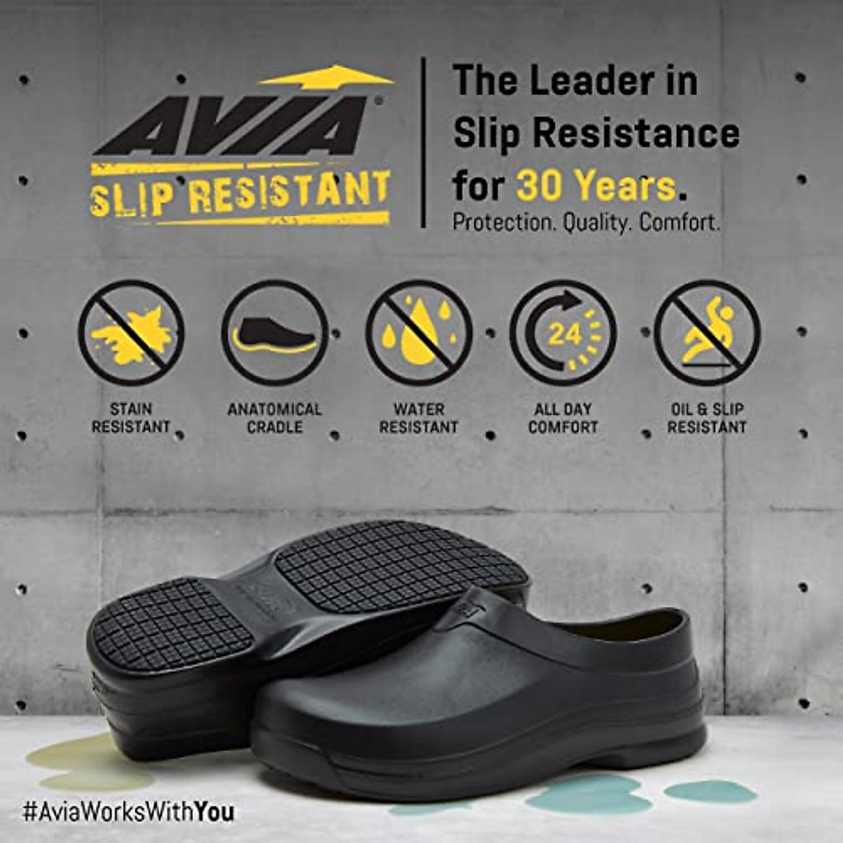 Avia Flame Slip Resistant Clogs for Women, Slip On Work Shoes for Food Service, Garden, or Nursing - Black, 8 Medium