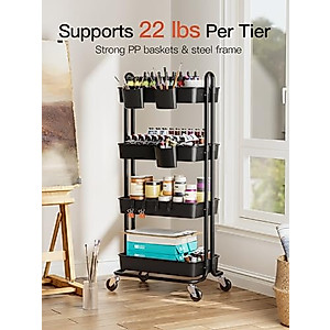 Pipishell 4-Tier Rolling Cart, Utility Cart with Lockable Casters, PP Plastic Storage Baskets, Hanging Cups & Hooks, Rolling Cart for Living Room, Bedroom, Kitchen, Bathroom, Art Studio(Black)