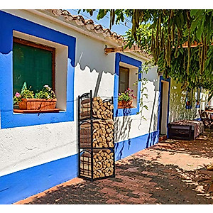 TQVAI 3 Tier Indoor Firewood Rack Outdoor Log Storage with Fire Tools Hanging Hooks and Waxed Canvas Fire Wood Carrier Bag Stacking Fireside Lumber Holder, Black