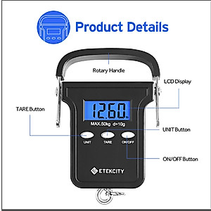 Etekcity Fishing Scale with Backlit LCD Display, 110lb/50kg Digital Electronic Hanging Hook Scale with Batteries and Carry Pouch Included, Black, Non-Slip Handle
