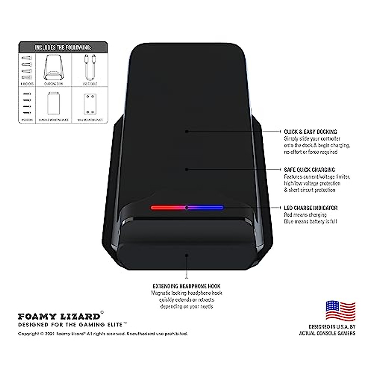 Foamy Lizard PS5 Controller Charger Console and Wall Mount for Playstation 5 DualSense Fast Charging Station Hanging Dock, Headphone Hook, LED Indicator, Overcharge Protection (All Black)