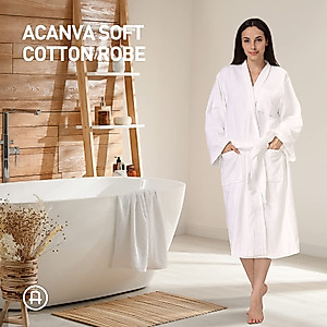 Acanva 100% Cotton Women Bathrobe Plush Soft Towel Robe with Waist Front Tie and Side Pockets for Spa Shower & Hotel, White