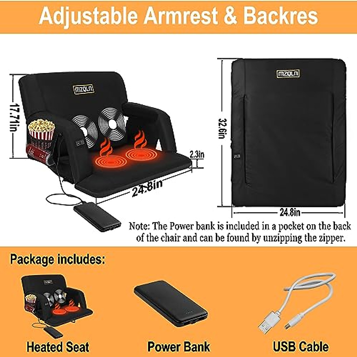 Heated Massage Stadium Seats, 25 Inche Folding Bleacher Chair with 10000mAh Portable Power*2, 3 Levels of Heat&Massage, 6 Reclining Positions for Camping, Games, Sports, and Other Outdoor Activities