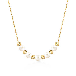 14k Real Gold Pearl Necklace for Women | Gold Ball Necklaces in 14k Gold | Pearl and Beads Necklaces | Delicate Beaded Jewelry | Gifts for Anniversary, 18"