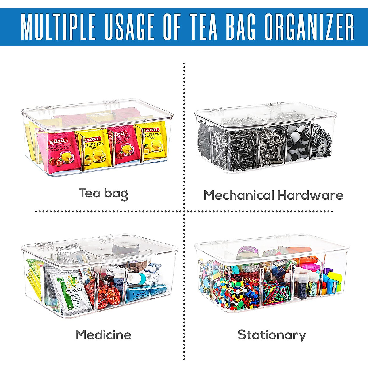 Utopia Home Set of 11 Organizers-8 Pantry Organizers (4 Large & 4 Small Drawers) & 3 Stackable Tea Bag Organizer Box with Clear Top Lids - Plastic Storage Racks for Freezers, Kitchen and Cabinets