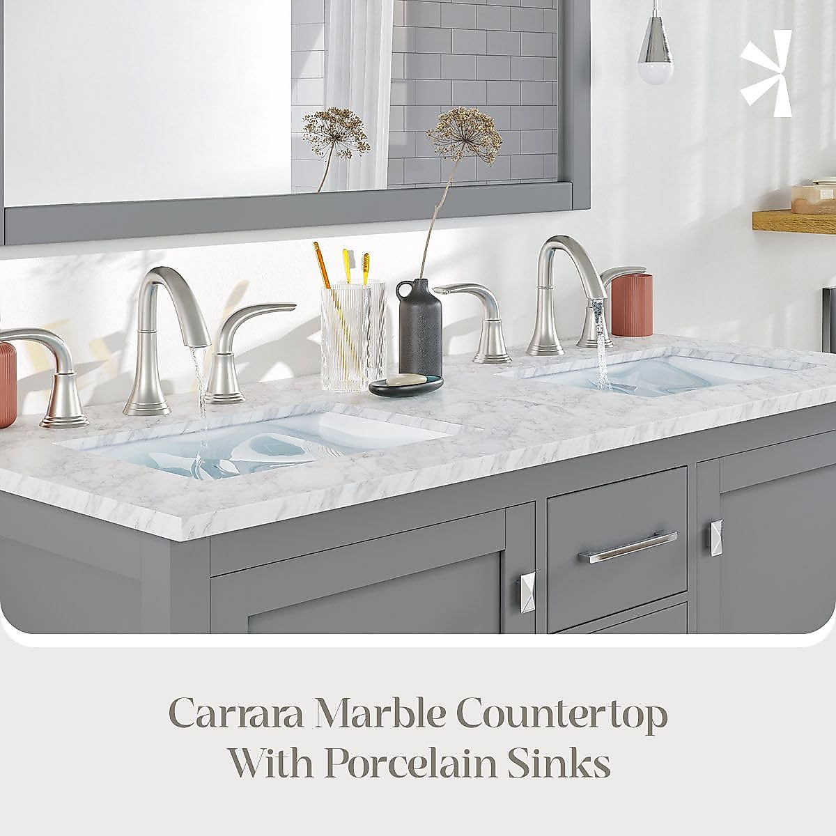 Eviva 48 Inch Bathroom Vanity with Sink-Gray Bathroom Vanity with Carrara Marble Top -Freestanding Double Sink Bathroom vanities with Spacious Storage -Bathroom Sink Cabinet and Wood countertop Combo