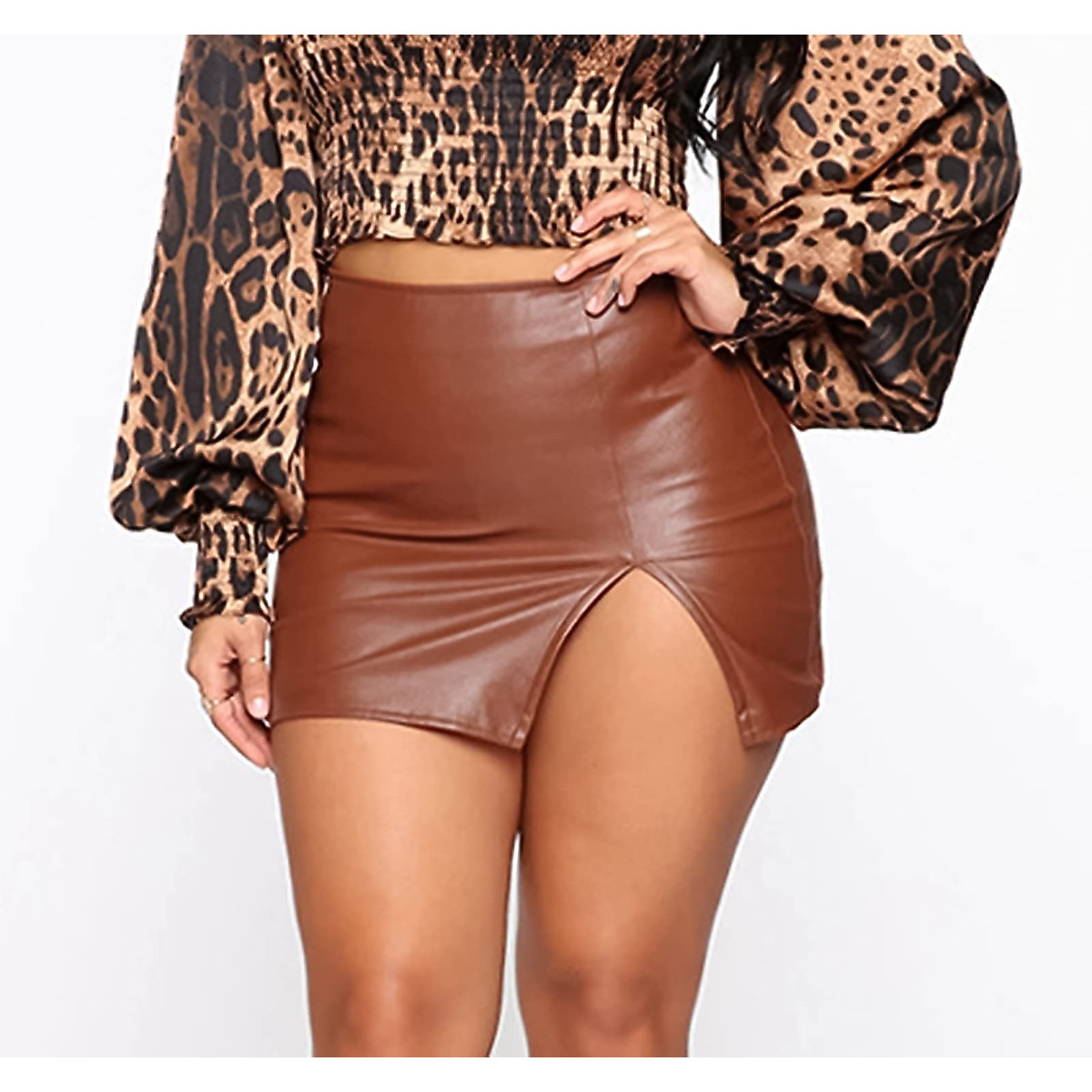 FEOYA Women Mini Faux Leather Skirt Zip Closure High Waisted Shape Vinyl Bodycon Latex Skirt Brown, Small