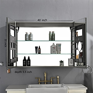 THNIKRE Medicine Cabinet with Lights, 40"X30" Anti-Fog Recessed Or Surface Medicine Cabinet with Mirror, with Electrical Outlet & USB, 3X Makeup Mirror, Dimmable, Adjustable Color Temperature