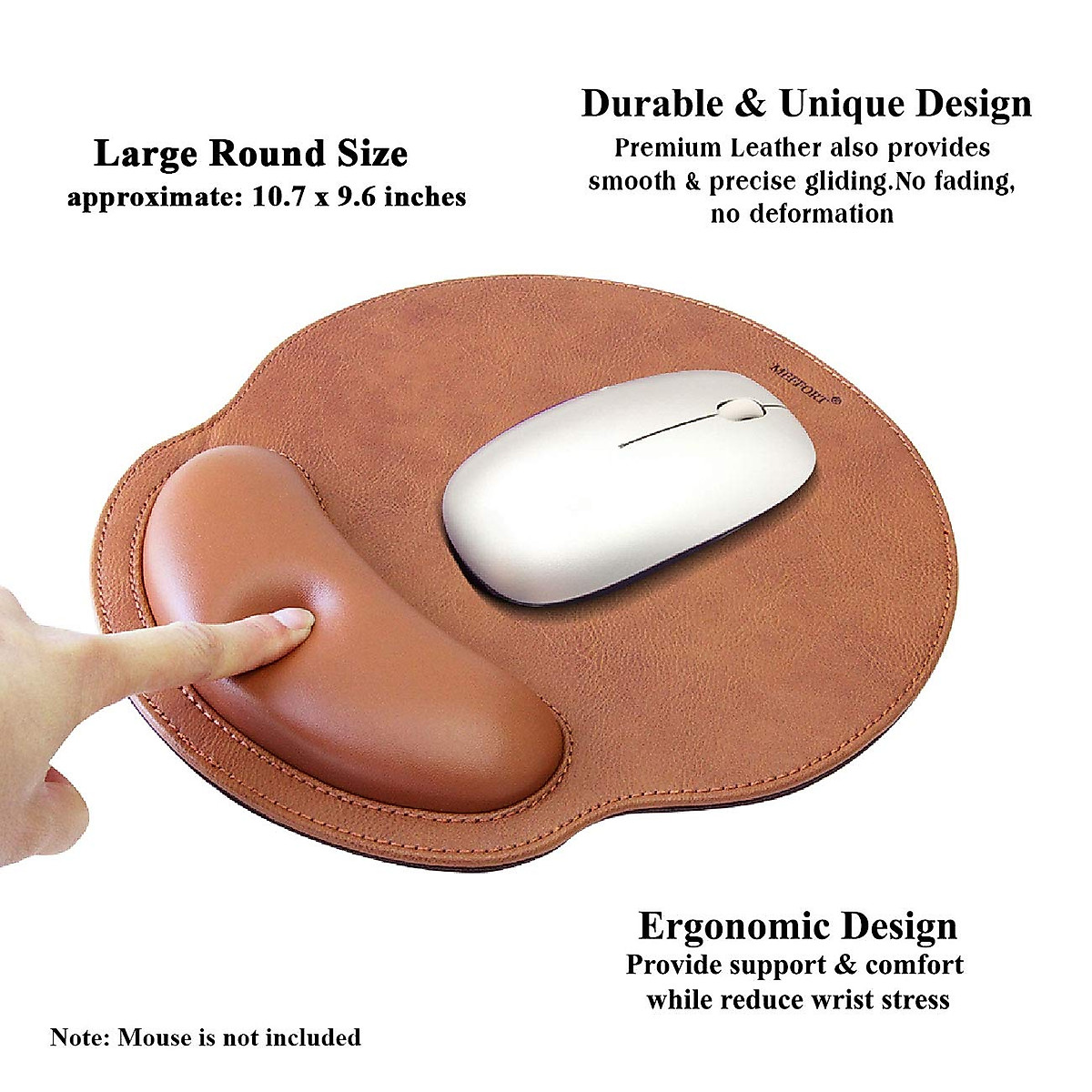 Meffort Inc Leather Mouse Pad with Wrist Rest Support & Non-Slip Base, Durable Ergonomic Gaming Mousepad - (Round, Brown)