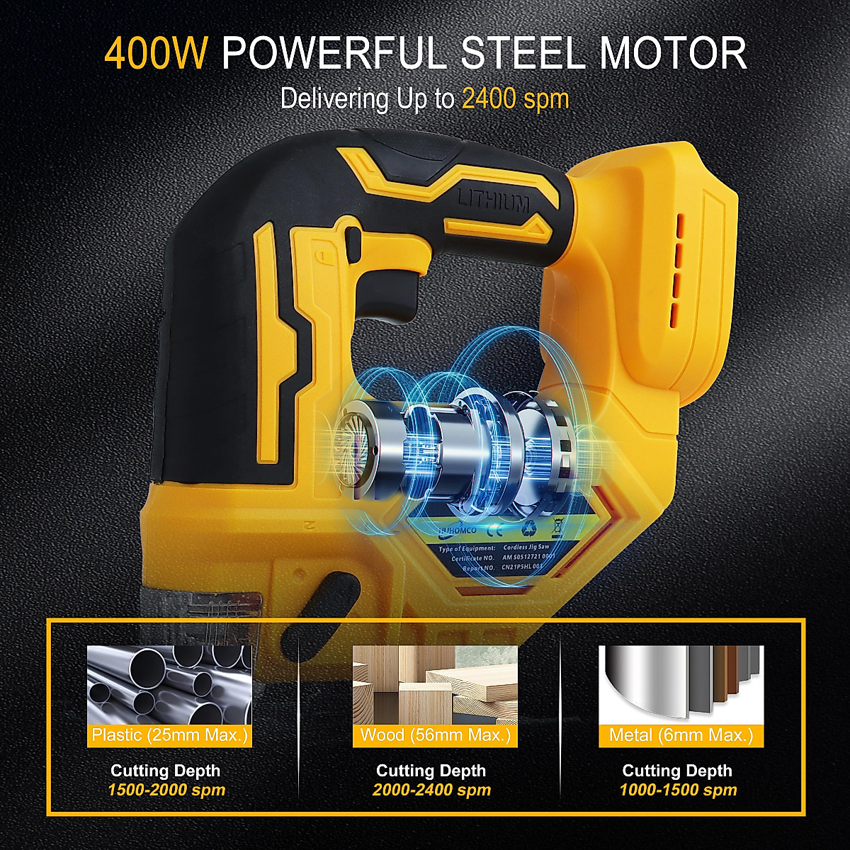 Cordless Jigsaw Brushless Motor with 2pcs 4Ah Li-ion Batteries, LED Light, Electric Huhomco Jigsaw 6 Variable Speed, 10pcs Blades, Fast Charger & Carry Case Included