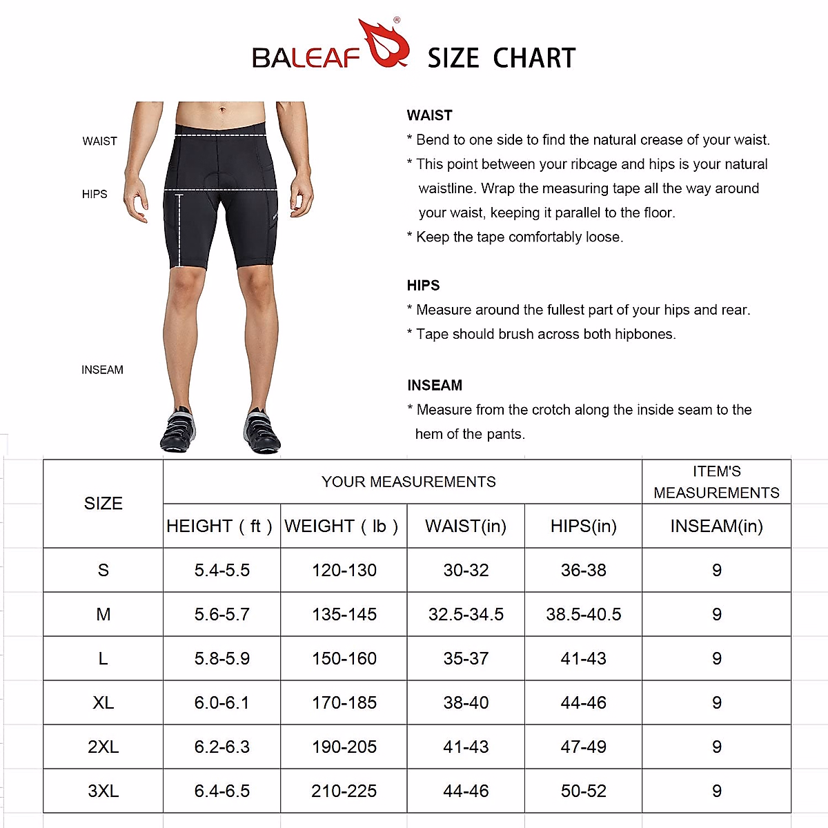 BALEAF Padded Bike Shorts for Men Cycling Shorts Padding Pockets UPF 50+ Black L
