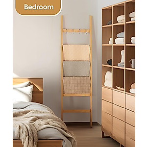 Cozivolife Blanket Ladder 6-Tier,Bamboo Towel Rack with 2 Anti-Tip Straps and 4 Hooks,Ladder Shelf Easy Assembly,Wall-Leaning Blanket Rack,Rustic Decorative Farmhouse Storage (Natural)