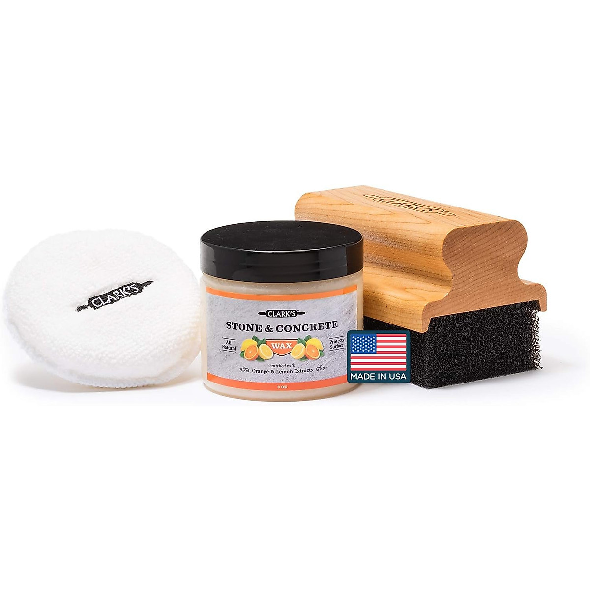CLARK'S Natural Stone Wax Kit - Set to Restore Soapstone, Slate and Concrete Countertops includes Finishing Wax (6oz), Applicator Sponge and Buffing Pad, Enriched with Natural Lemon and Orange Extract