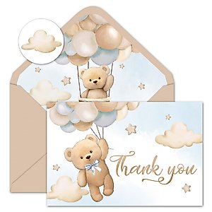 Whaline 24Pcs Bear Thank You Cards Watercolor Bear Balloon Greeting Cards with Envelope Stickers Cartoon Blank Note Cards for Birthday Wedding Baby Shower Party Supplies, 4 x 6 Inch