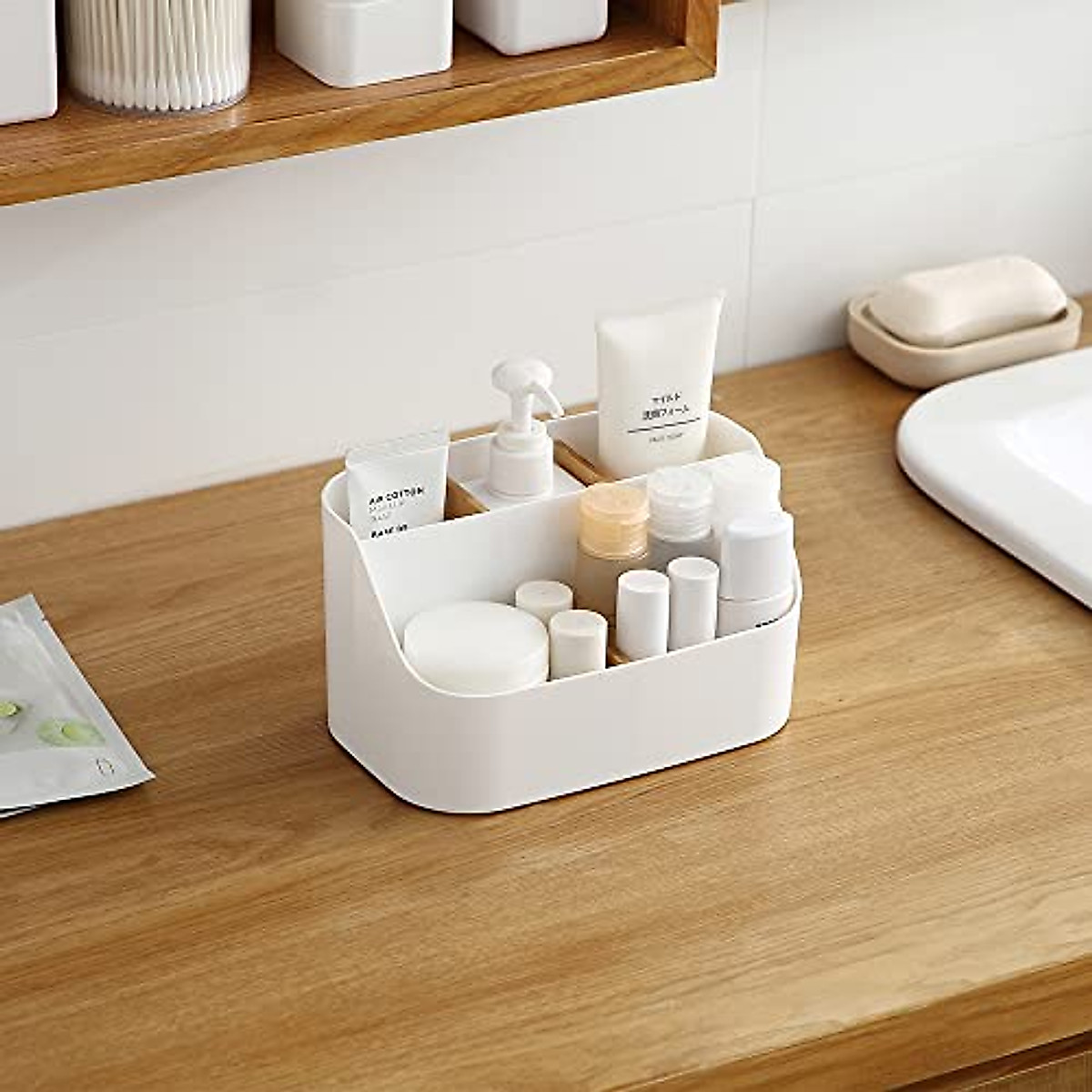 SUNFICON White Bathroom Tray Makeup Organizer Cosmetic Display Case 3 Detachable Dividers Office Stationery Storage Holder Countertop Storage Unit Makeup Box Vanities Office Desk Gift