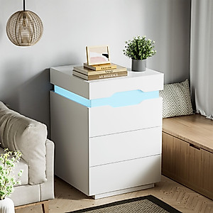 Furniwell LED Nightstand with Charging Station, End Table with 3 Drawers, Night Stand Bedside Table with Sliding Top for Bedroom and Living Room, White