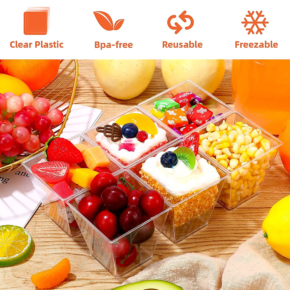 Zubebe Dessert Cups 8 oz Clear Plastic Appetizer Cups Small Square Dessert Bowls Mini Serving Cups for Tasting Party, Baby Shower Party, Wedding, Birthday Party Favor (200 Pcs)