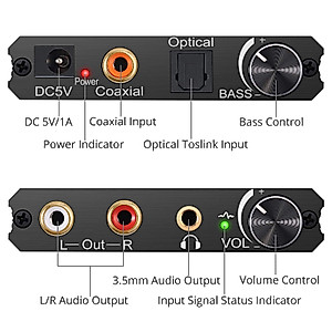 CAMWAY 192kHz Digital to Analog Audio Converter with Bass Adjustment DAC Converter Volume Control Toslink Coaxial Optical to RCA and 3.5mm Headphone Jack Anti-interference Audio Adapter