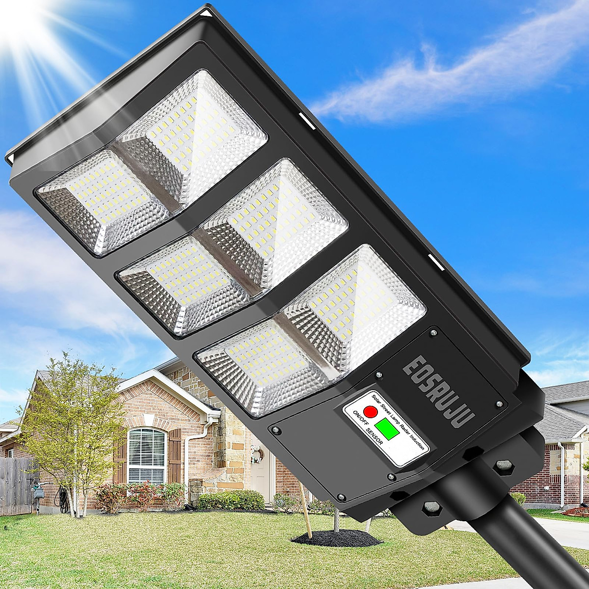 EOSRUJU Solar Street Lights Outdoor Waterproof, 30000LM 6500K Solar Parking Lot Lights, Dusk to Dawn Solar Lights with Motion Sensor & Remote, Wide Angle Solar Lights for Parking Lot, Yard, Patio