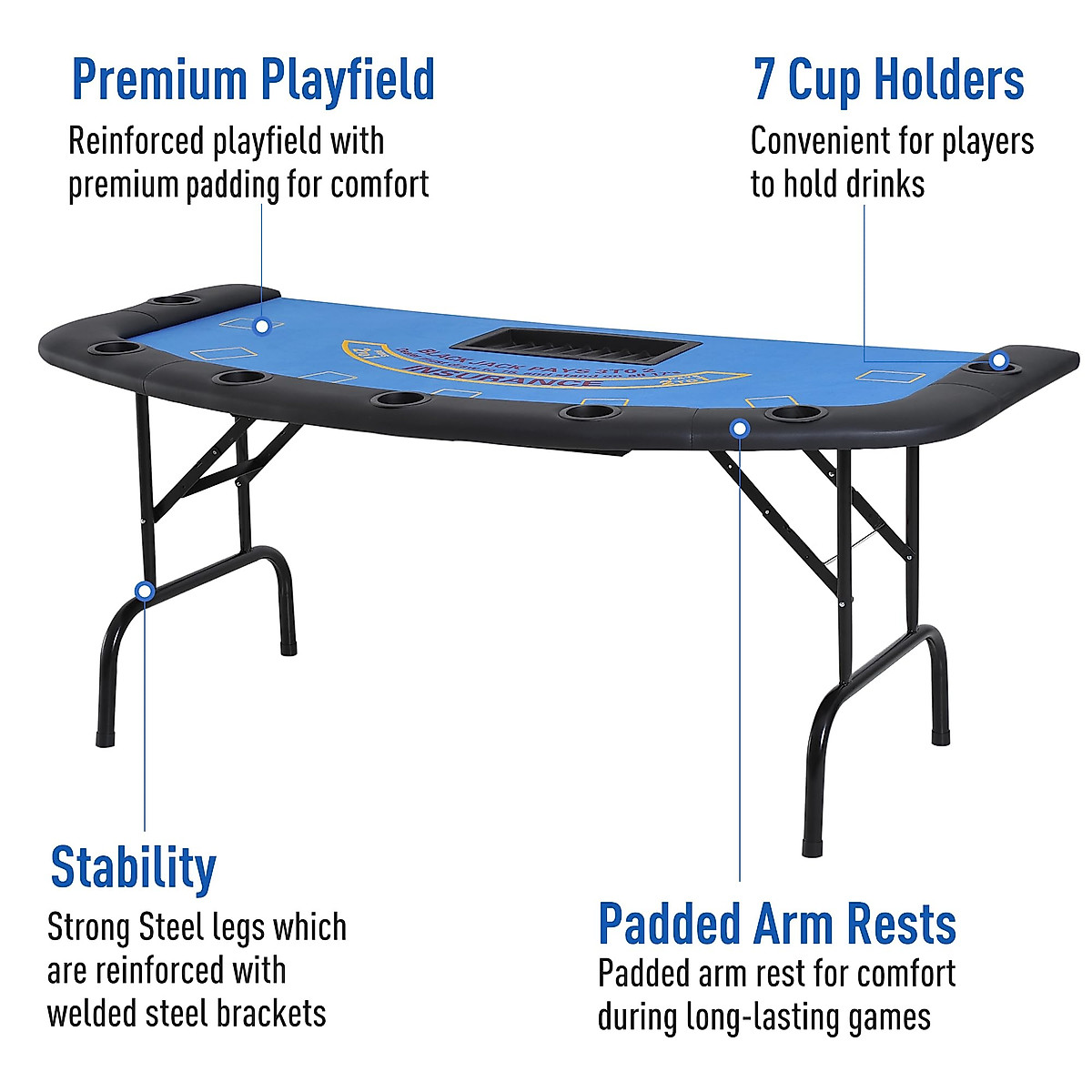 Soozier Poker Table Foldable, 72" Blackjack Table for 7 Players with Chip & Cup Holder, Blue Felt