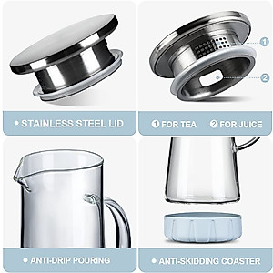 BOQO Glass Pitcher 68oz/2000ml,Pitcher with lid and Precise Scale Line,Tea Pitcher,Glass Water Jug,Glass Water Pitcher,with Particular Coaster.