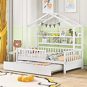 Merax Wood Twin Montessori Bed Frame with Twin Trundle/Book Shelf Low Sofa Daybed for Boys Girls No Box Spring Needed White